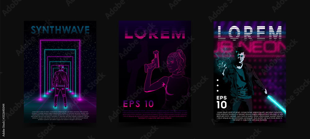 Retrowave vaporwave synthwave posters set. Neon man with laser grid and ...