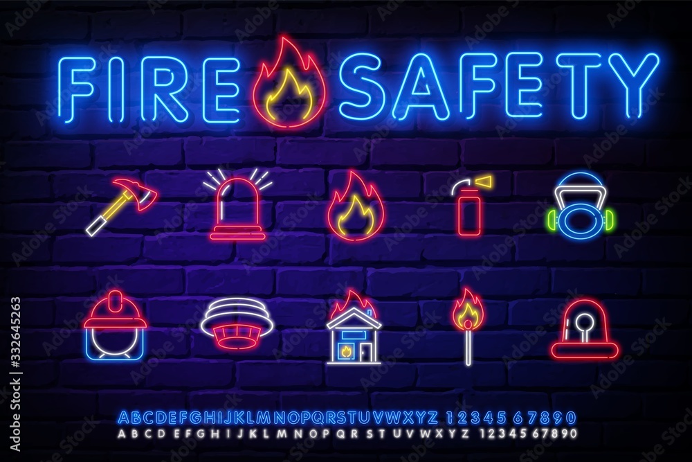Set of neon safety signs. Firefighting neon icons. Set of firefighting ...