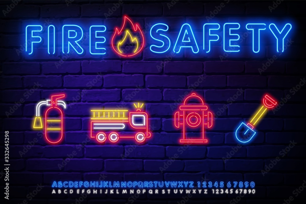 Set of neon safety signs. Firefighting neon icons. Set of firefighting ...