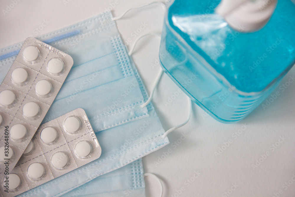 Coronavirus prevention medical surgical masks and hand sanitizer gel ...