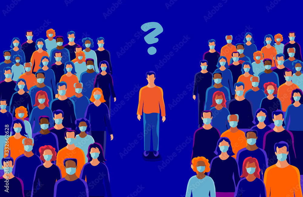 Man person alone in isolation from others with question. Group of ...