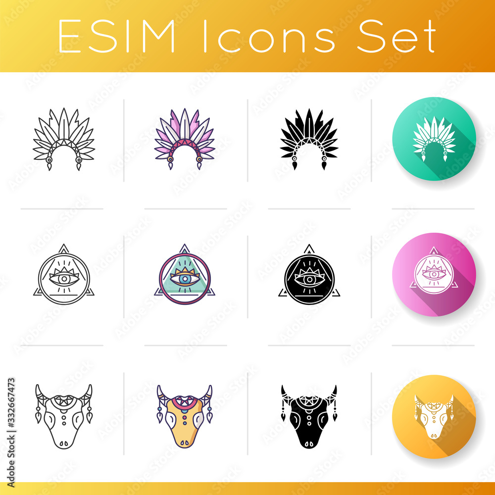 Native american indian accessories icons set. Tribe chief hat. Bull ...