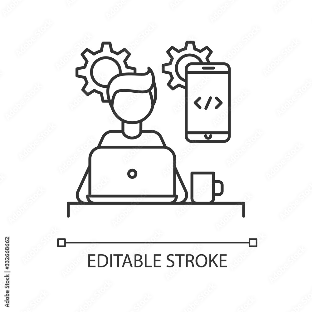 Mobile app developer pixel perfect linear icon. App development, coding ...