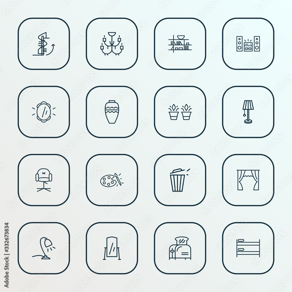 Decor icons line style set with table lamp, circular staircase, color ...