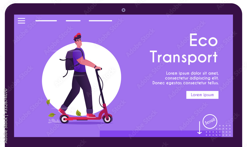 Eco transport concept. Rent and ride scooter. Cartoon vector ...