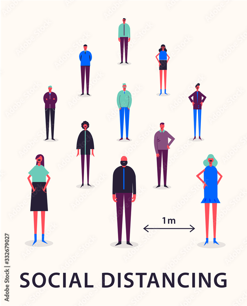 Vector illustration - Social Distancing. keeping distance 1 meter to ...