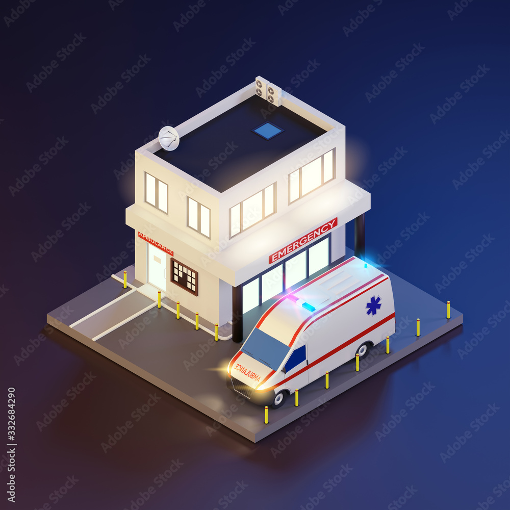 Emergency Hospital Entrance in 3d isometric style. The building of the ...