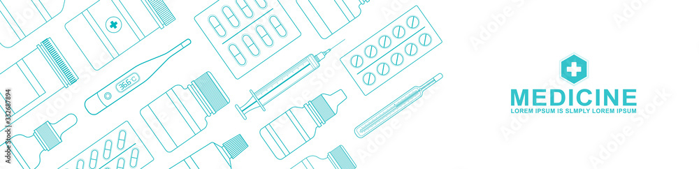 Healthcare and medical linear bottles set medicine website banner ...