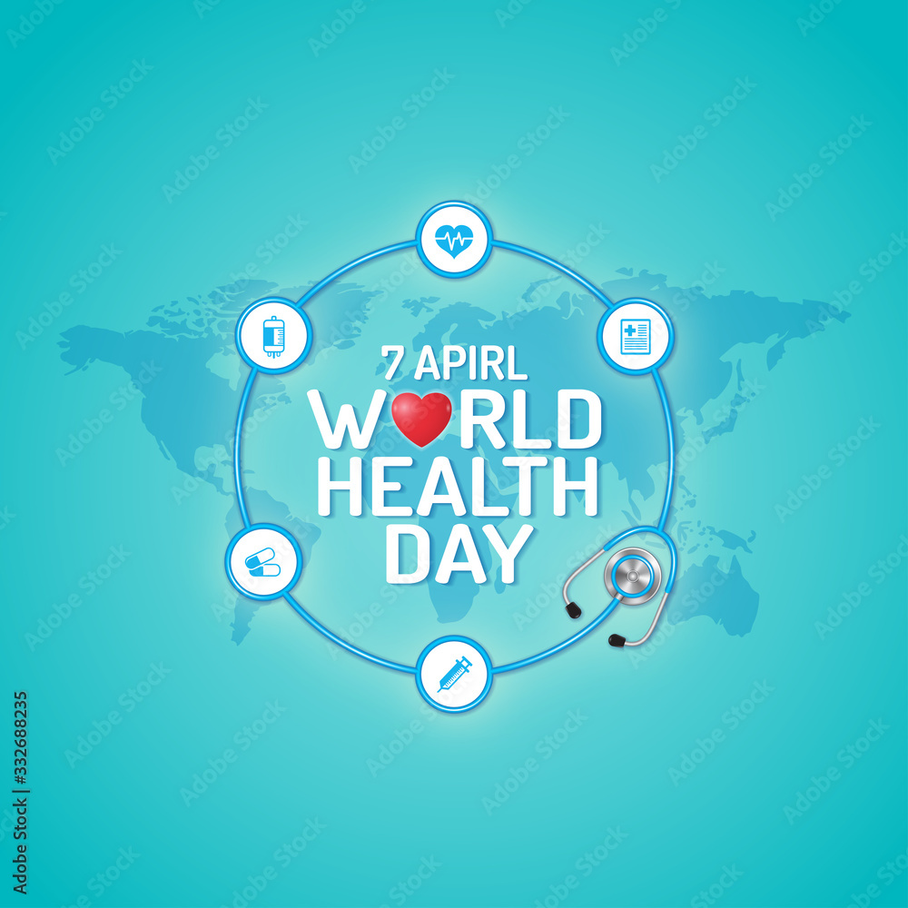 World health day concept world map, heartbeat, stethoscope and flat ...