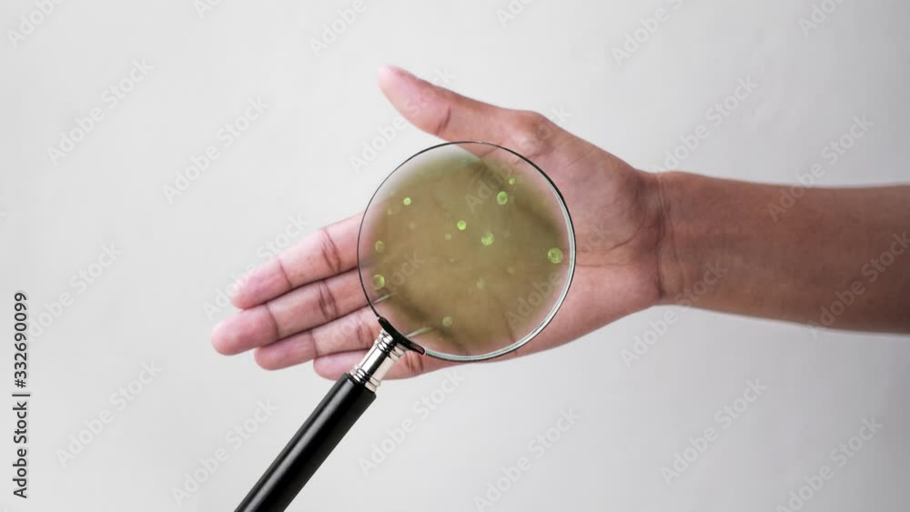 magnifying glass showing virus bacterias on hand reaching for handshake ...