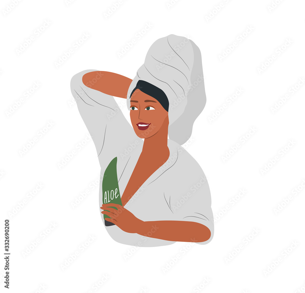 Cute girl with towel on head care for her skin after bathing, cleanses ...