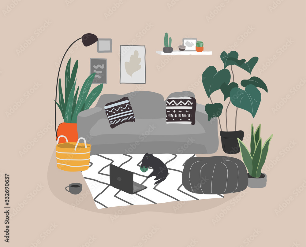 Girl girl sitting and resting on the couch with a cat and coffee. Daily ...