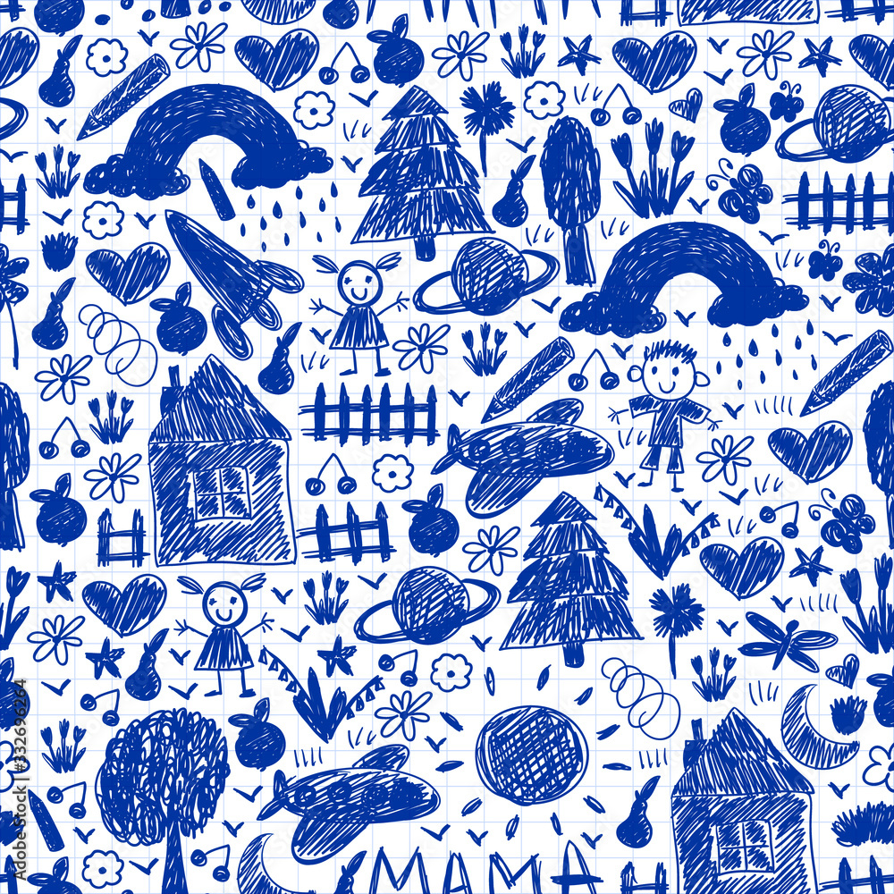 Kindergarten pattern with funny kids drawing. Vector illustration ...