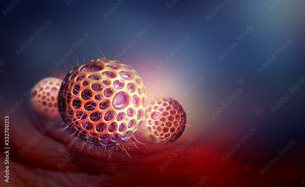 Allergens in body under microscope. Spores of pollen, fungi, germs ...