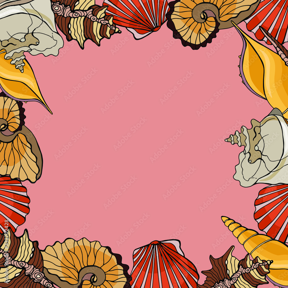 Seashells frame. Cartoon style illustration. Stock illustration. For ...