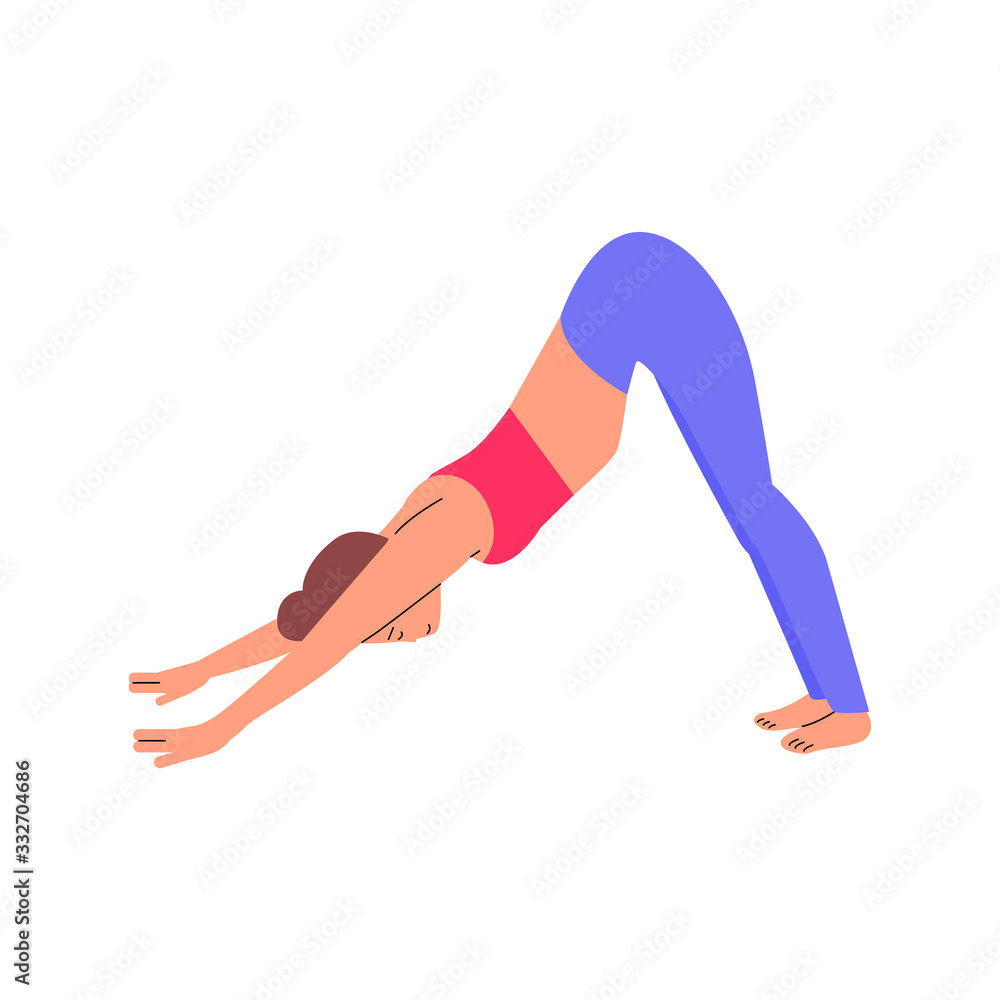 Cartoon woman in downward facing dog yoga pose - stretching fitness ...
