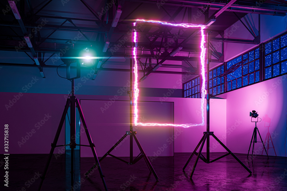 Tripods Holding Vertical Frame Made From Neon Electric Light In Modern ...