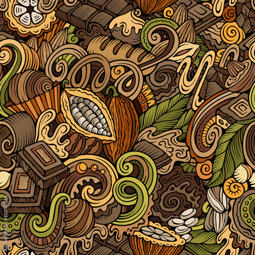 Chocolate hand drawn doodles seamless pattern. Cocoa vector ...