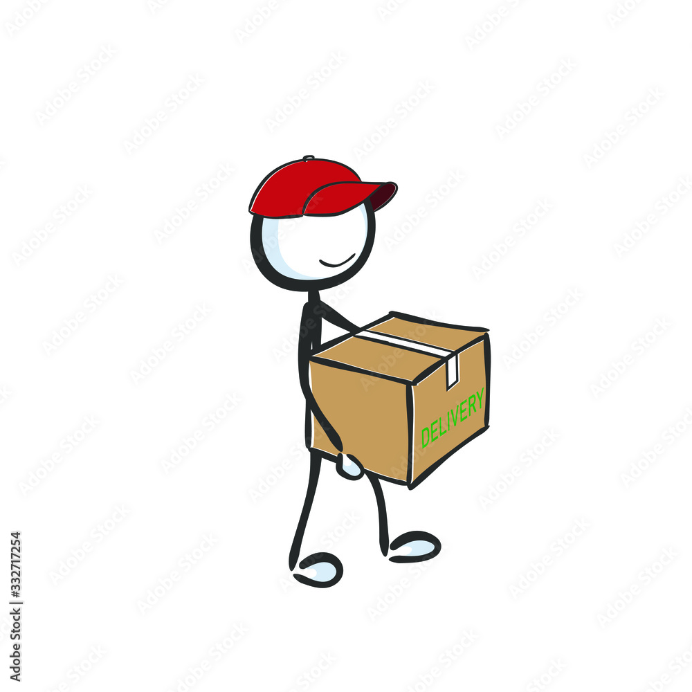 Home food delivery. Door delivery. Postman with parcel. Hand drawn ...