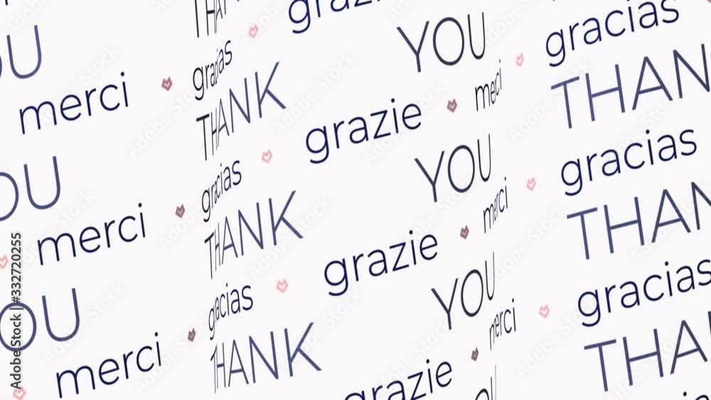 Thank you words, moving loop video. Endless movie with spanish, french ...