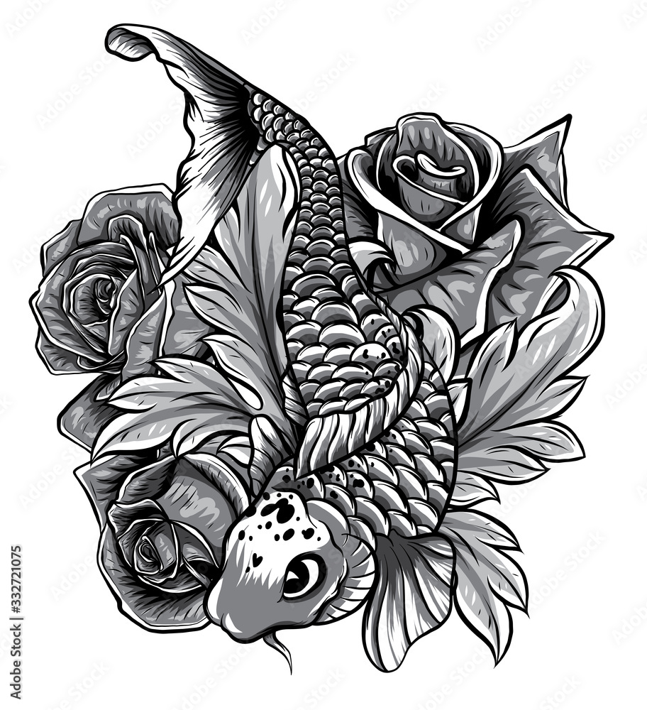 Hand drawn outline Koi fish and water splash Japanese Stock Vector ...