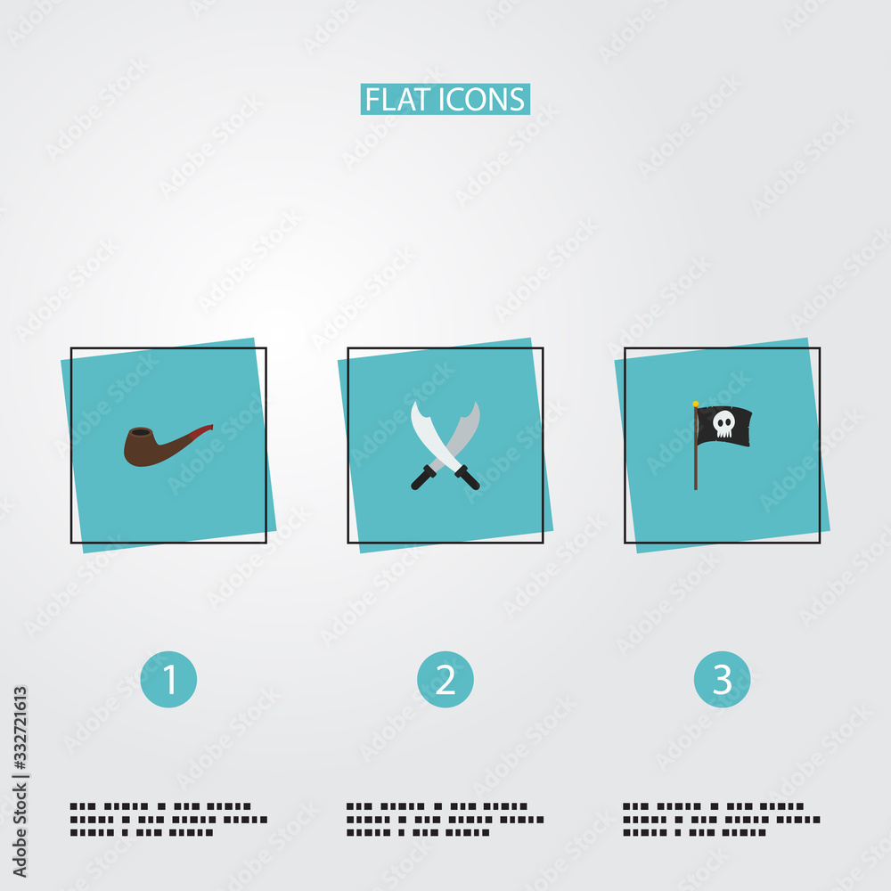 Set of corsair icons flat style symbols with black mark, flag, smoking ...
