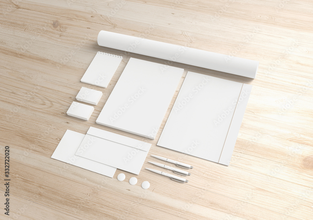 Blank identity set on wooden desk background as identity concept for ...