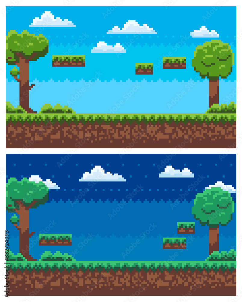 Pixel game landscape vector, set of scenes for rounds, ground with soil ...
