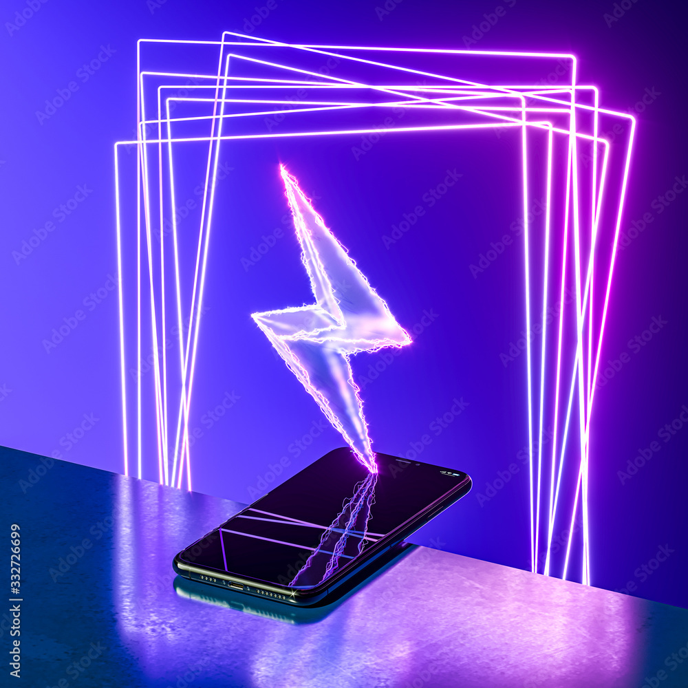 Mobile Phone With Blank Screen In Neon Frame And Lightning. Device ...