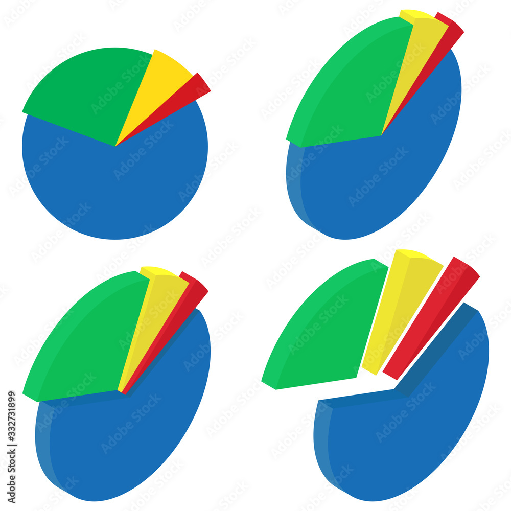 Pie chart of four sectors, different color, isometric design. 3D Render ...