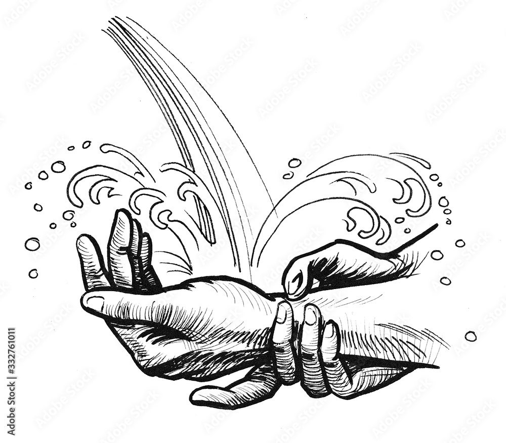 Hand washing. Ink black and white drawing Stock Illustration | Adobe Stock
