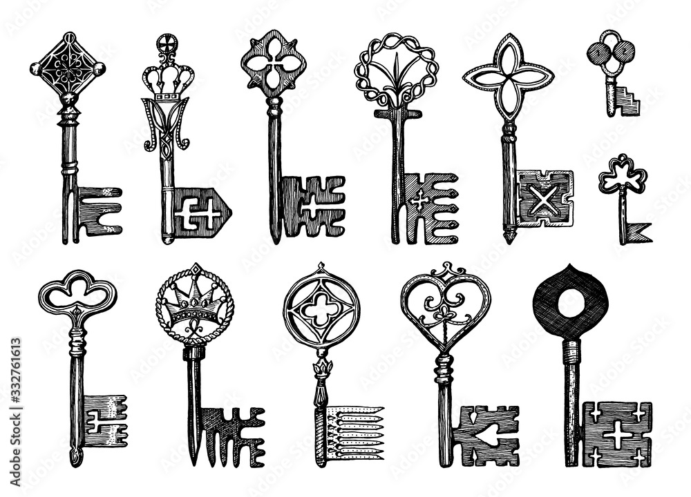 Victorian keys. Medieval Gothic locks set. The device for opening the ...