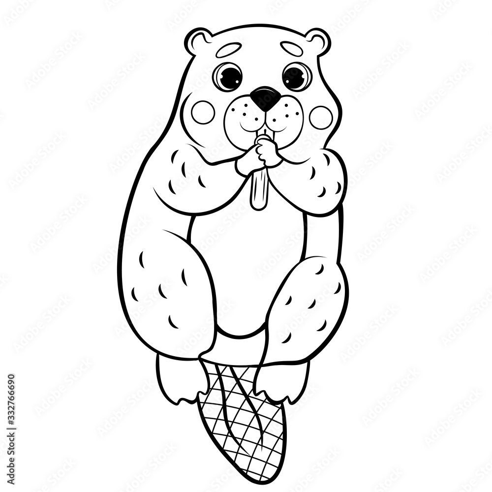 Cute cartoon wild beaver with a wooden stick vector coloring page ...