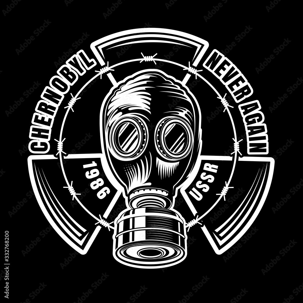 Chernobyl. Gas mask of USSR period in center of radiation symbol and ...