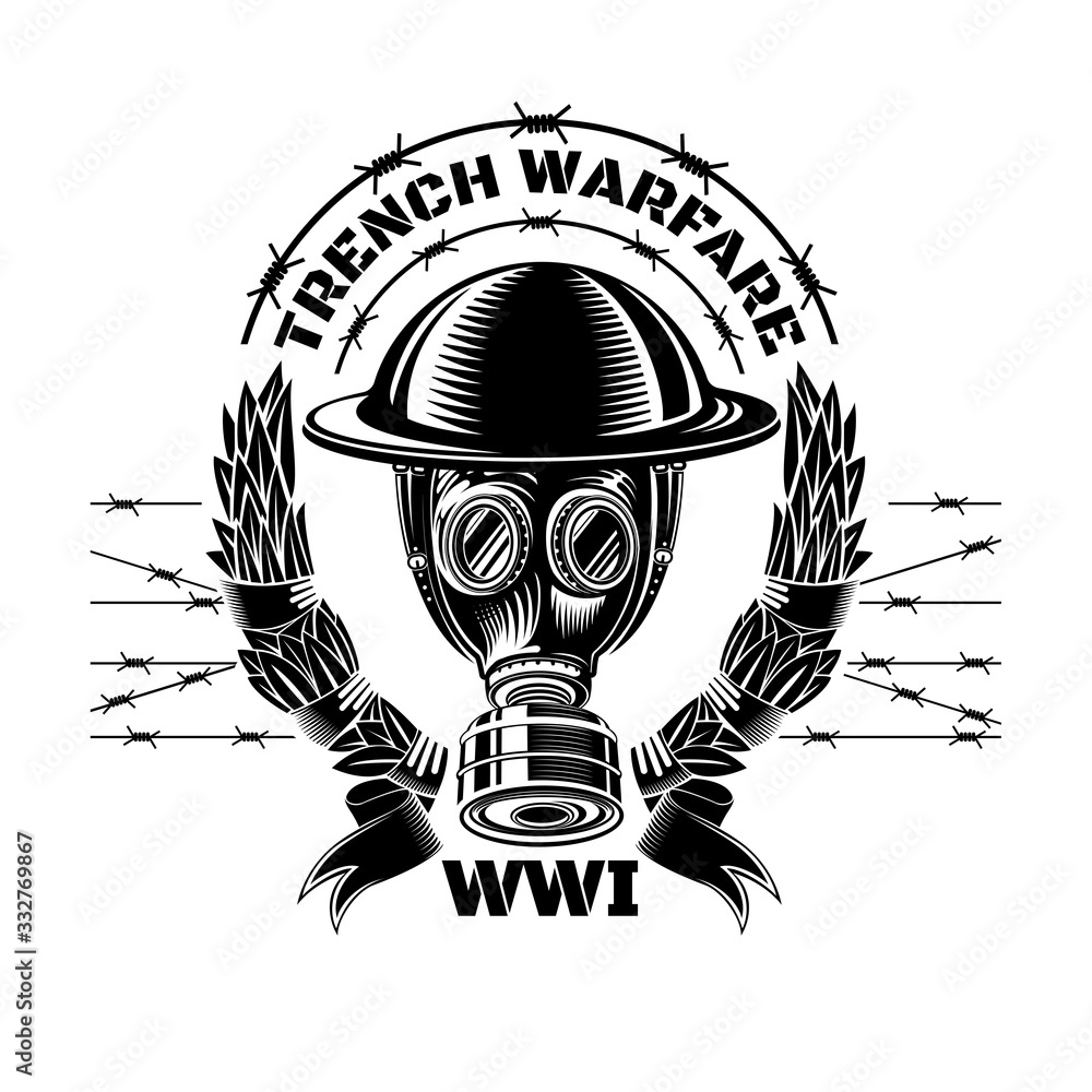 Trench warfare. Gas mask with military helmet of first world war in ...