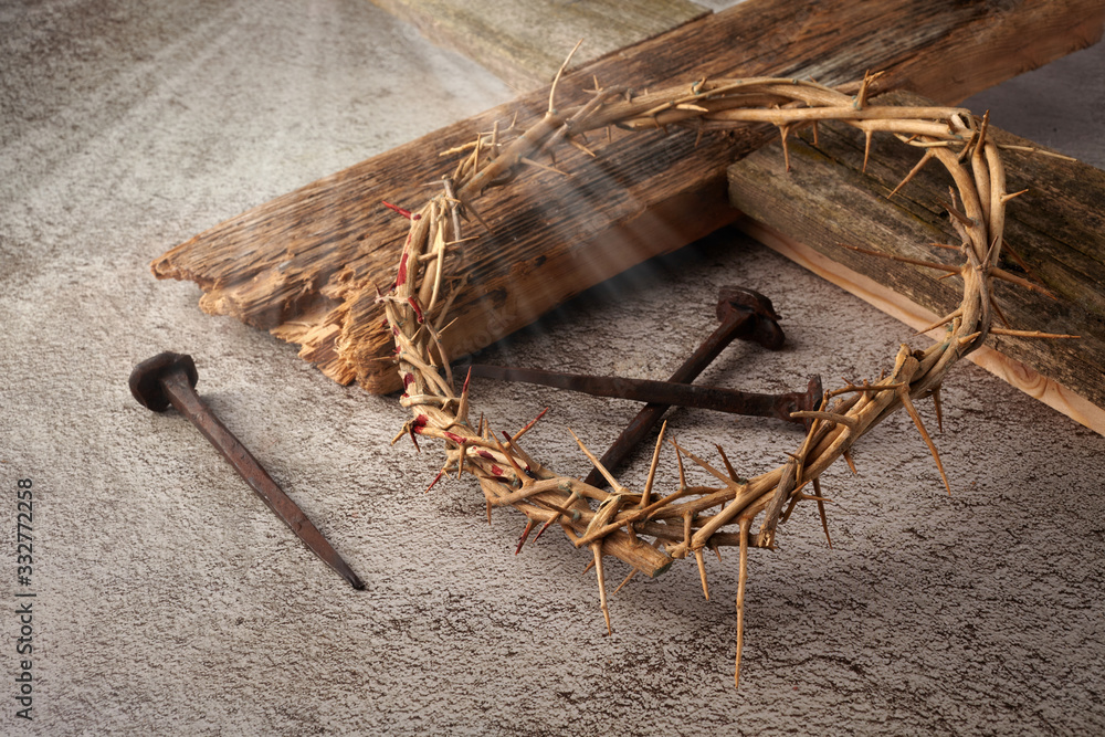 Easter background depicting the crucifixion with a rustic wooden cross ...