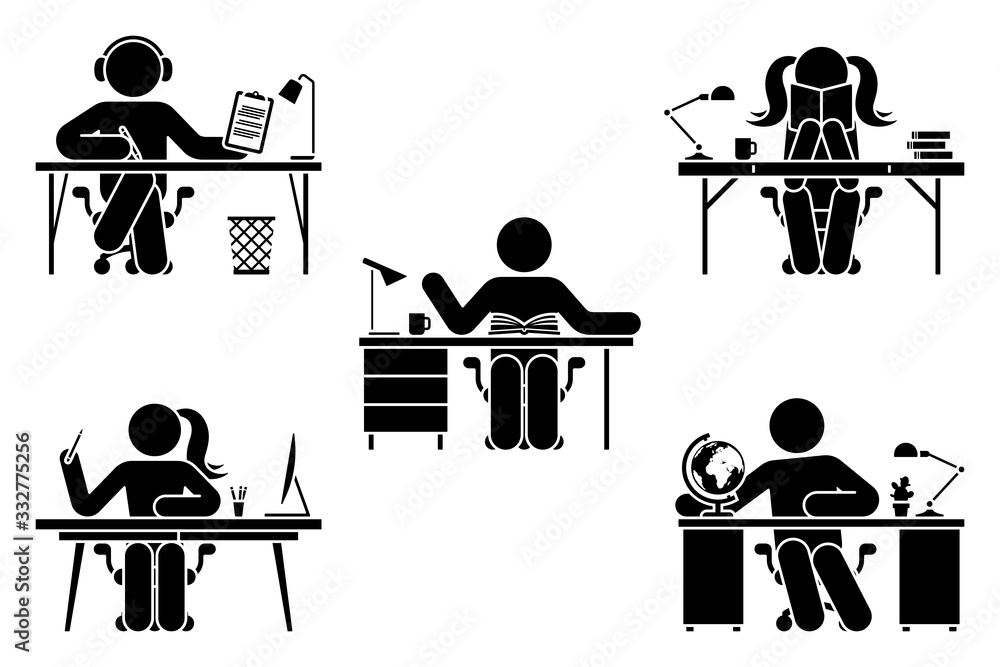 Stick figure man and woman study, learn lesson at school, home office ...