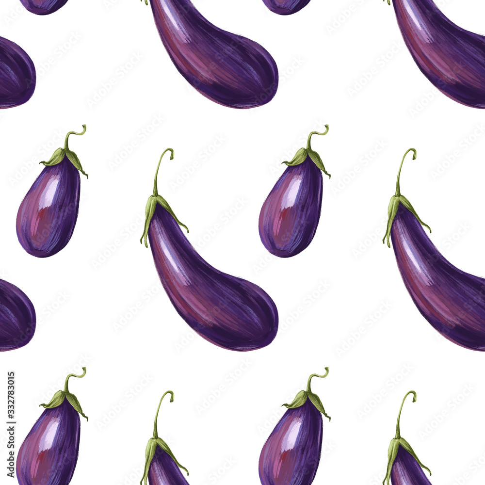Seamless pattern Eggplant drawn in a realistic style on a white ...