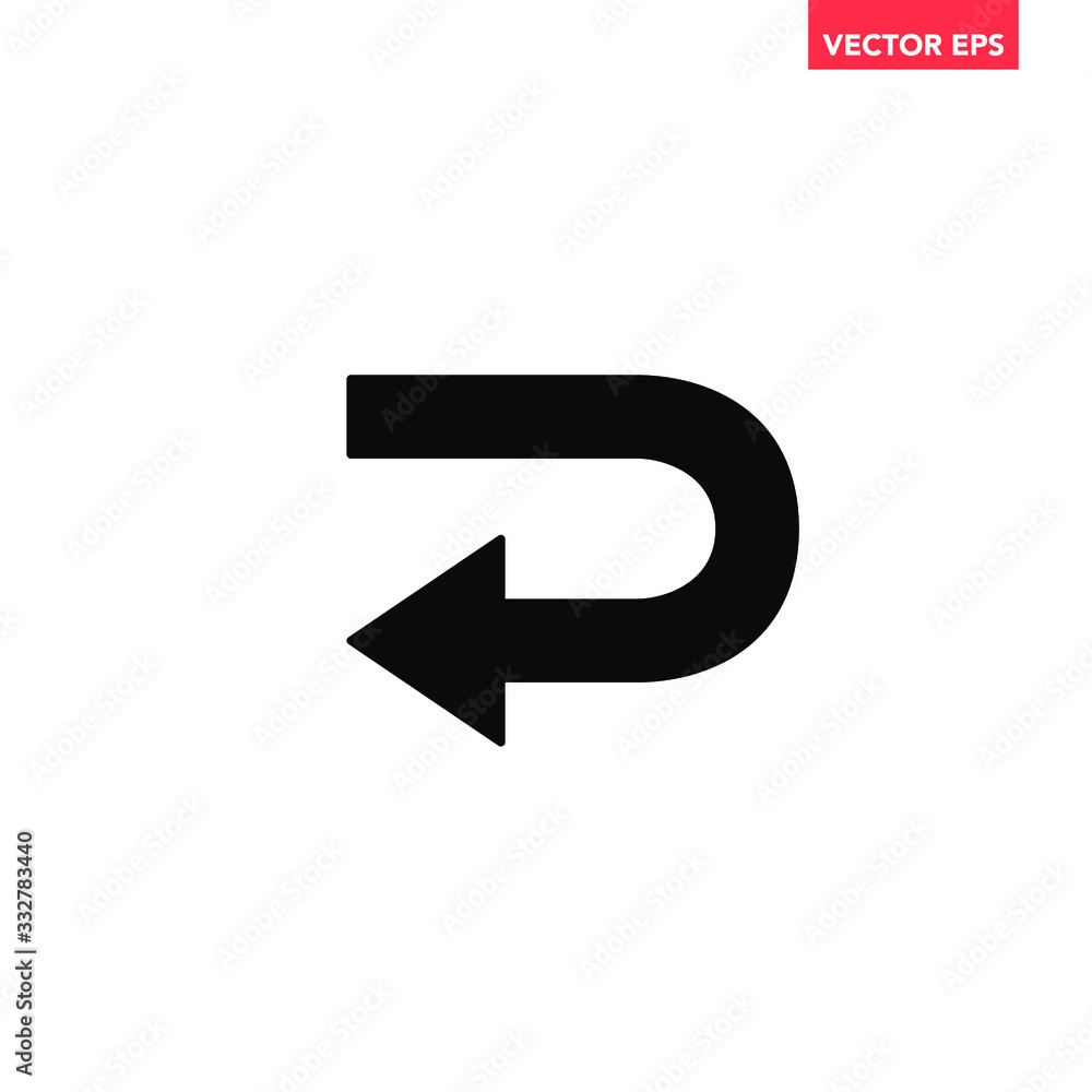 Black go back return arrow icon, simple vector u turn shape pointer ...