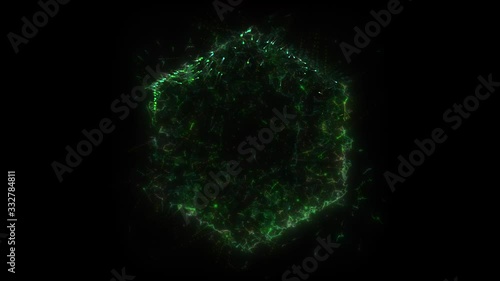 Seamless loop. Animation of a green hexagonal portal, consisting of particles and bursts of ...
