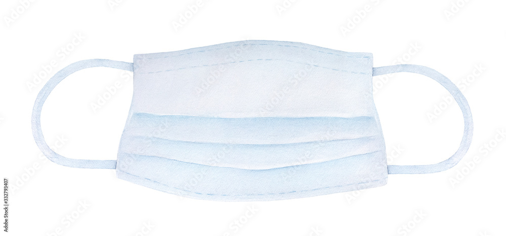 Watercolour illustration of white medical mask. One single object ...