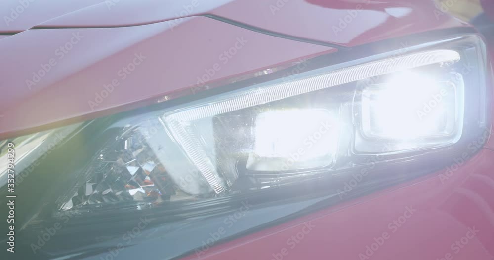 Car with Headlight Flashing Smoothly Close up. Car Front Led Light with ...