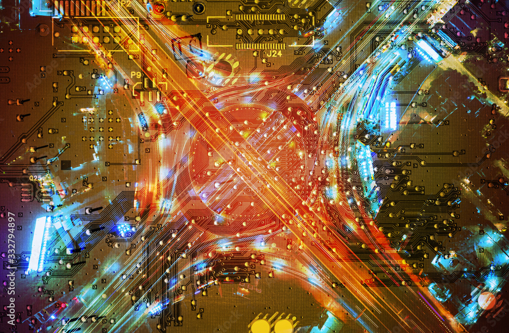 Futuristic digital road traffic, Electronic circuit board background ...
