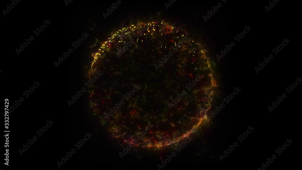 Seamless loop. Animation of a yellow circle portal, consisting of particles and bursts of energy ...