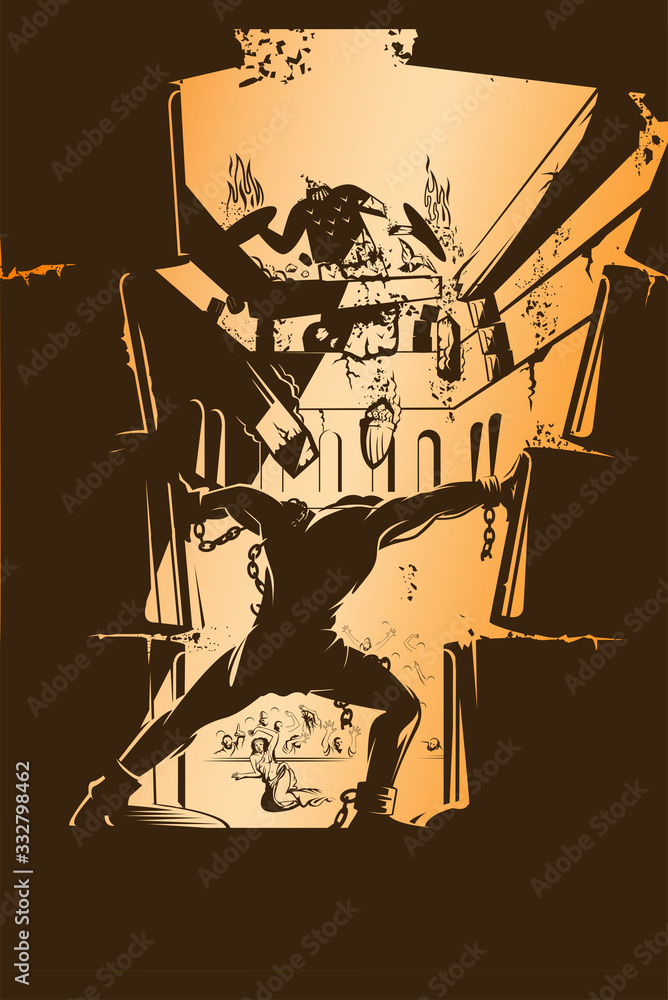 Samson. pushing main pillars at the temple of dagon. poster vector ...