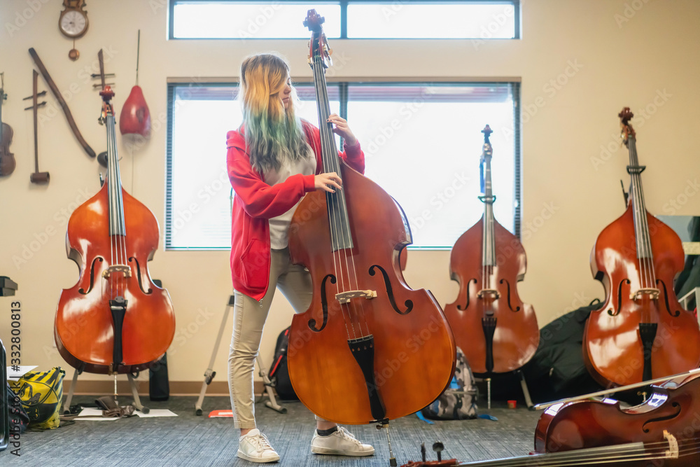 Teenage girl playing double bass in classroom Stock Photo | Adobe Stock