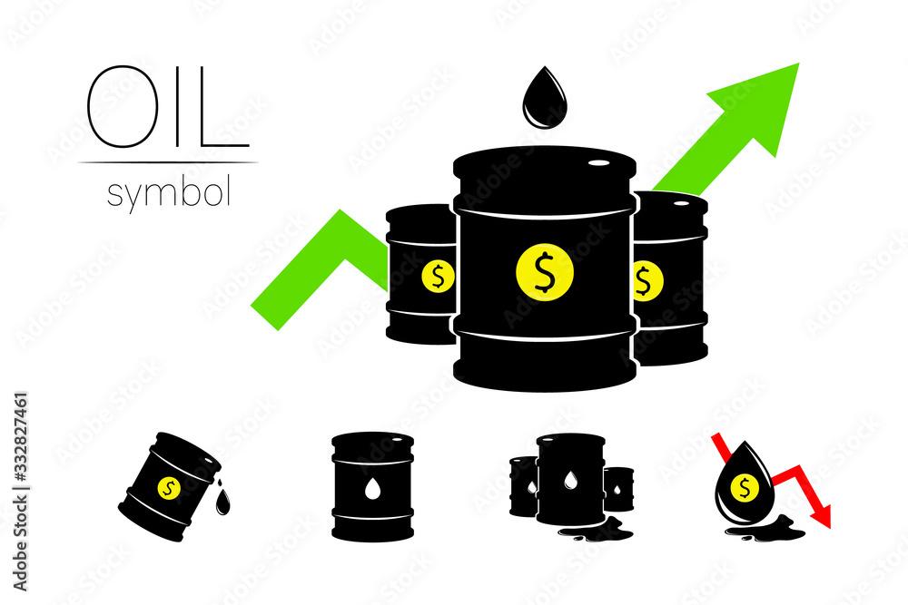 Vector set of 5 sign oil. Black symbol petroleum, dollar money ...