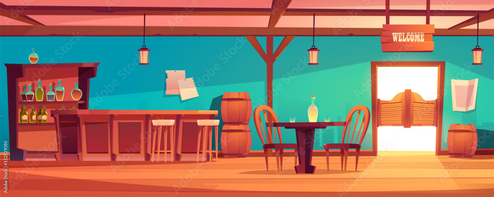 Western saloon interior with table, bar counter, alcohol bottles on ...