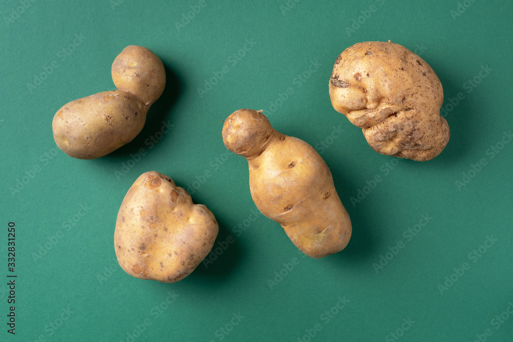 Ugly potatoes on green background. Ugly, unnormal vegetable, zero waste ...