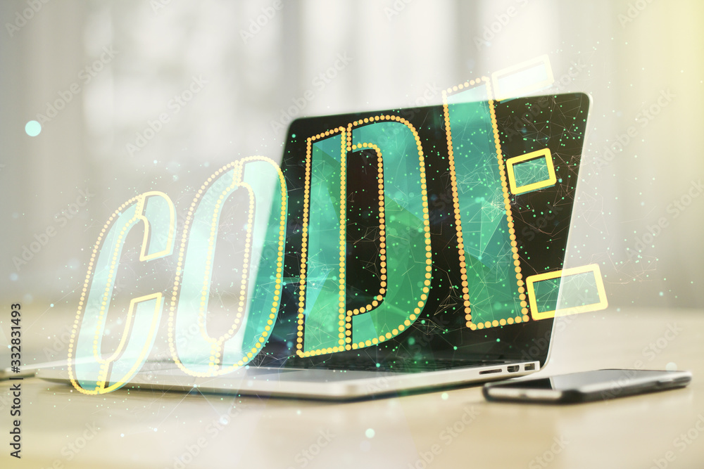 Creative Code word hologram on modern computer background, artificial ...